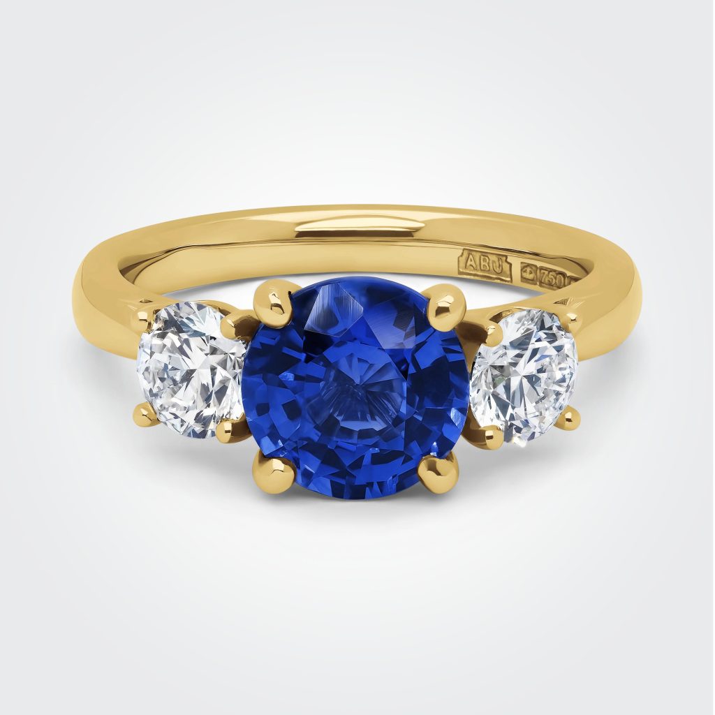 Nancy Round Blue Sapphire 1.50ct Trilogy Diamond 18ct Yellow Gold Ring ...