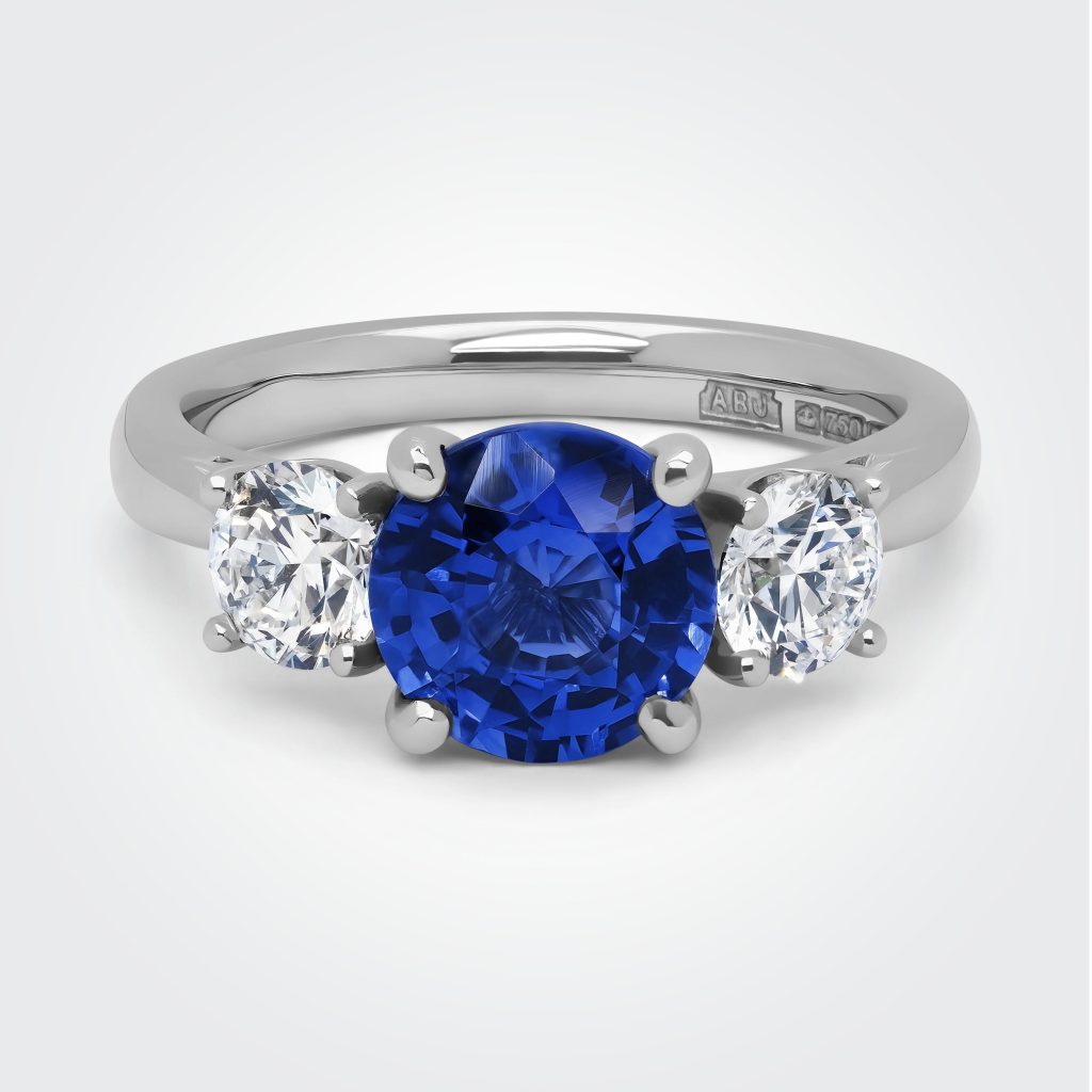 Nancy Round Blue Sapphire 1.50ct Trilogy Diamond Platinum Ring - Alan Bick