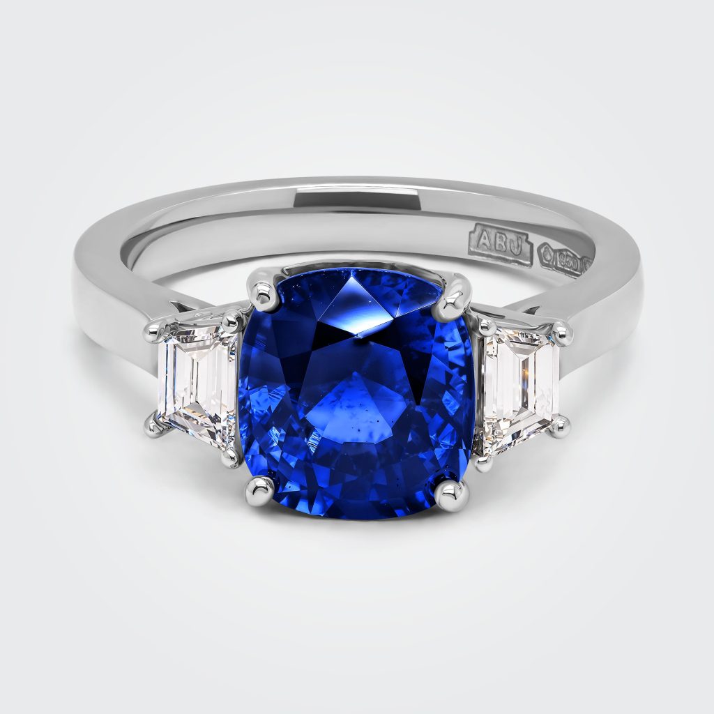 Summer Cushion Cut Blue Sapphire Trilogy Diamond Engagement Ring - Alan Bick